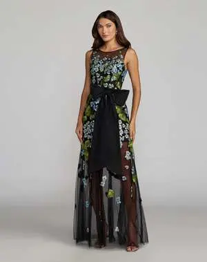 Mac Duggal Floral Embroidered Corset Gown With Bow - Blue Multi