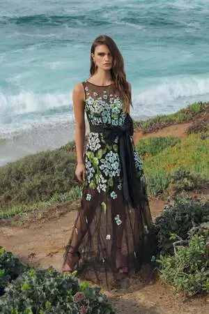 Mac Duggal Floral Embroidered Corset Gown With Bow - Blue Multi