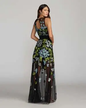 Mac Duggal Floral Embroidered Corset Gown With Bow - Blue Multi