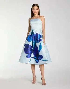 Mac Duggal Strapless Floral Satin Midi Dress