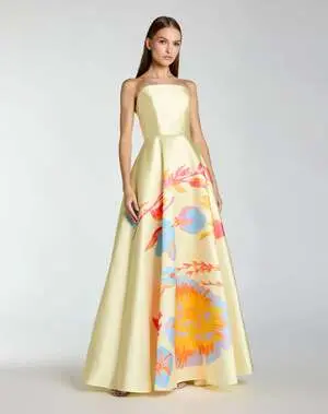 Mac Duggal Strapless Floral Print Mikado Ball Gown - Butter Multi