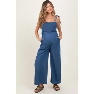 PINKBLUSH Chambray Shoulder Tie Smocked Jumpsuit - Blue