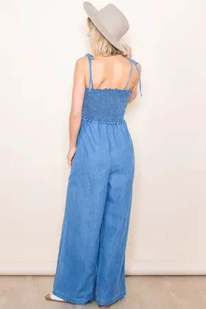 PINKBLUSH Chambray Shoulder Tie Smocked Jumpsuit