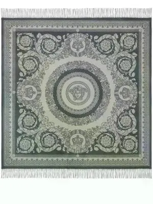 Versace Crete De Fleur-pattern Fringed Blanket - Grey