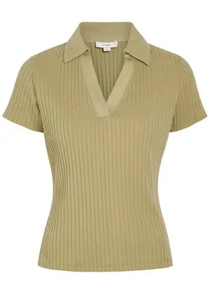 Vince Ribbed Cotton-blend Polo Top - Olive