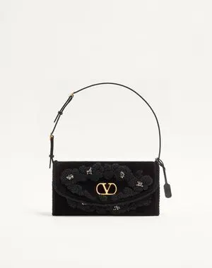 Valentino Garavani Small Embroidered Velvet Shoulder Bag - Black