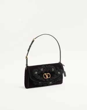 Valentino Garavani Small Embroidered Velvet Shoulder Bag - Black