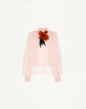 Valentino Garavani Embroidered Organza Top With Velvet Flower Appliqu