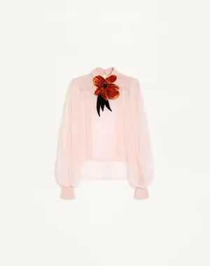 Valentino Garavani Embroidered Organza Top With Velvet Flower Appliqu - Pink