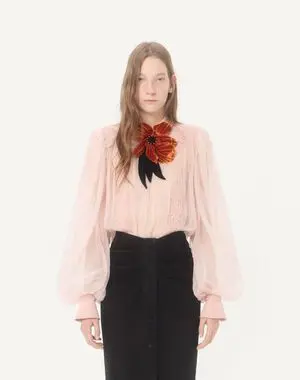 Valentino Garavani Embroidered Organza Top With Velvet Flower Appliqu