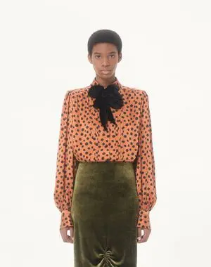 Valentino Garavani Crepe Satin Shirt With Plus De Pois Dalmata Print And Bow Detail - Brown/black