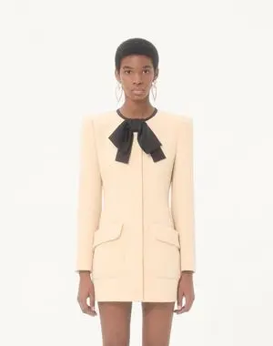 Valentino Garavani Wool Crepe Caban Coat With Satin Bow - Birch/black
