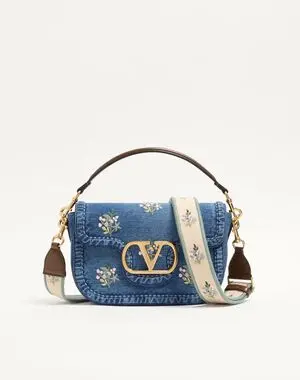 Valentino Garavani Alltime Medium Shoulder Bag In Embroidered With Embroidered Ribbon Strap - Denim