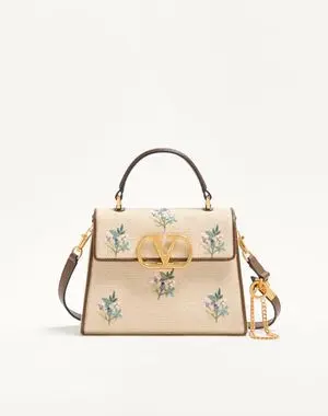 Valentino Garavani Vsling Small Handbag In Linen With Embroidery - Natural/multicolour