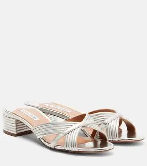 AQUAZZURA Sundance Metallic Leather Sandals Silver
