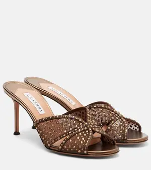 AQUAZZURA Crystal Lover Embellished Tulle Mules - Brown