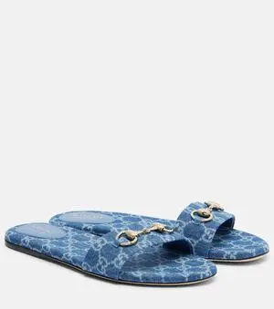 Gucci Horsebit Gg Denim Slides - Blue