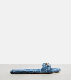 Gucci Horsebit Gg Denim Slides - Blue