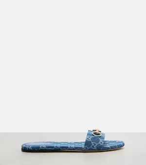 Gucci Horsebit Gg Denim Slides - Blue