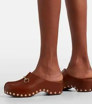 Gucci Horsebit Studded Leather Platform Clogs - Brown