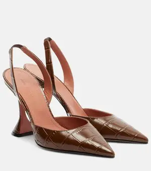 Amina Muaddi Holli Croc-effect Leather Slingback Pumps - Brown