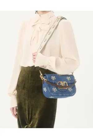 Valentino Garavani Alltime Medium Embroidered Shoulder Bag With Embroidered Ribbon Strap - Denim