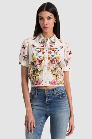 Alice + Olivia Rosie Cropped Button Down - White