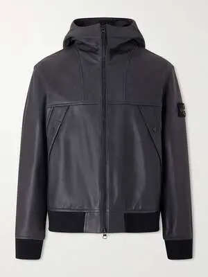 STONE ISLAND Logo-appliquéd Padded Full-grain Leather Hooded Jacket - Black