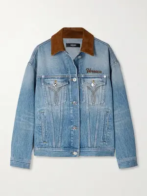 Versace Suede-trimmed Denim Jacket - Blue