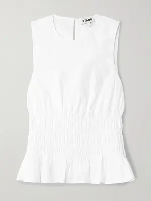 Staud Culver Shirred Peplum Top - White