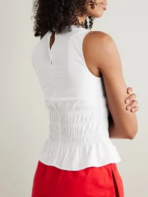 Staud Culver Shirred Peplum Top - White