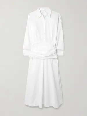 Staud Indya Gathered Cotton-blend Poplin Midi Shirt Dress - White