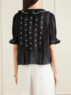 DÔEN Hettie Lace-trimmed Embroidered Organic Cotton-voile Blouse - Black