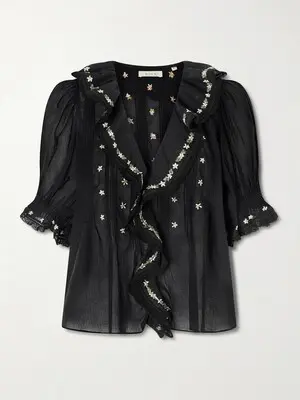 DÔEN Hettie Lace-trimmed Embroidered Organic Cotton-voile Blouse - Black