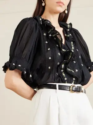 DÔEN Hettie Lace-trimmed Embroidered Organic Cotton-voile Blouse - Black