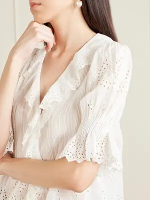 DÔEN Henri Ruffled Broderie Anglaise Cotton Top - White