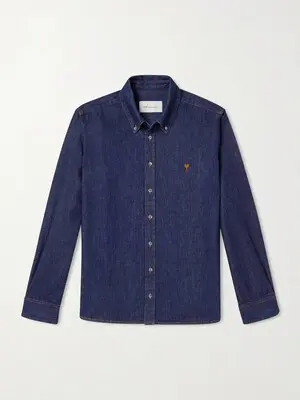 Ami Button-down Collar Logo-embroidered Denim Shirt - Blue