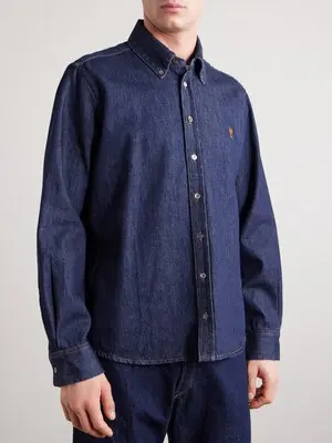 Ami Button-down Collar Logo-embroidered Denim Shirt - Blue
