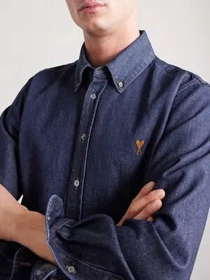 Ami Button-down Collar Logo-embroidered Denim Shirt - Blue