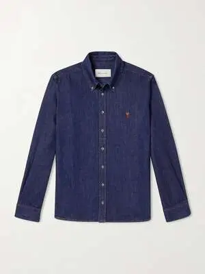 Ami Button-down Collar Logo-embroidered Denim Shirt - Indigo