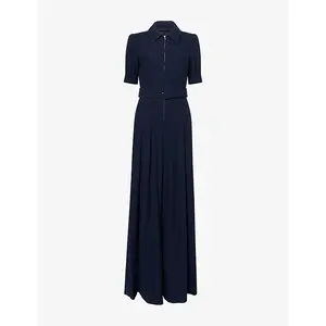 ME+EM Textured Belted Wide-leg Woven Jumpsuit - Navy
