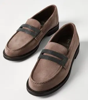 Brunello Cucinelli Suede Monili-embroidered Penny Loafers - Brown