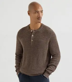 Brunello Cucinelli Linen-cotton Henley Sweater - Brown