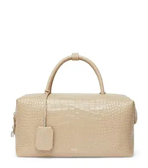 Max Mara Large Leather Croc-embossed Boston Bowler Bag - White