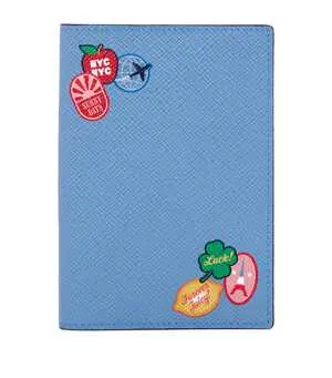 Smythson Panama Leather Stickers Passport Cover - Blue