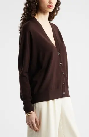 Nordstrom Lightweight Wool-blend Cardigan - Brown Coffee