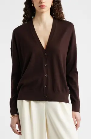 Nordstrom Lightweight Wool-blend Cardigan - Brown Coffee