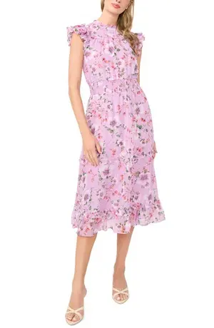CECE DUPRAZ Floral Print Flutter Sleeve Smocked Midi Dress - Fair Orchid