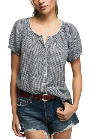 Lucky Brand Flowy Raglan Sleeve Top - Navy Gingham