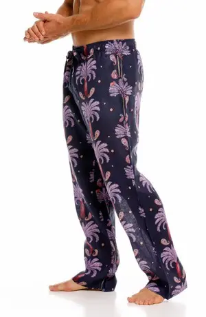THE LAZY POET Drew Riviera Palms Print Linen Pajama Pants - Blue